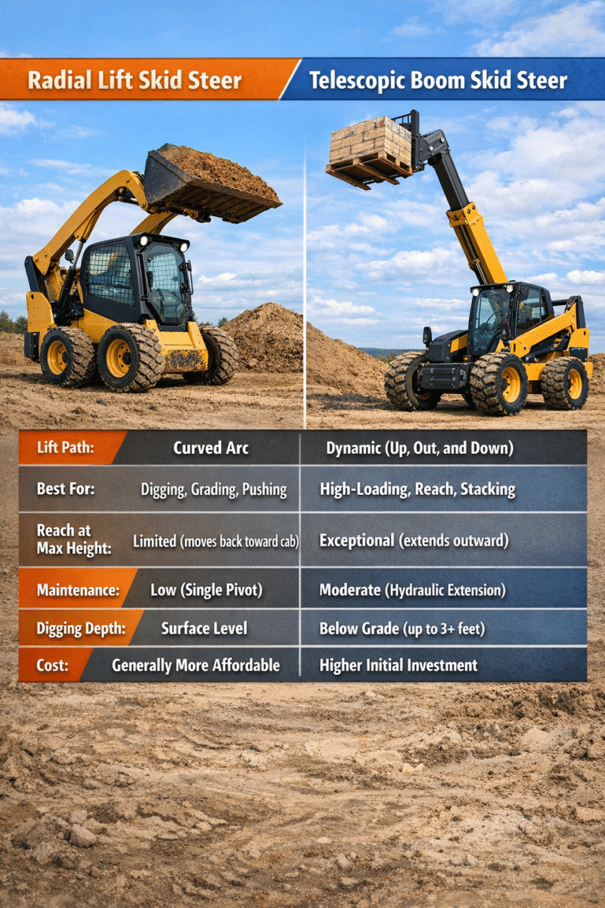 Telescopic Boom vs. Radial Lift: Learn Skid Steer Geometry